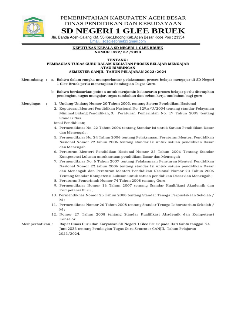 SK Pembagian Tugas Ganjil 2023-2024 | PDF