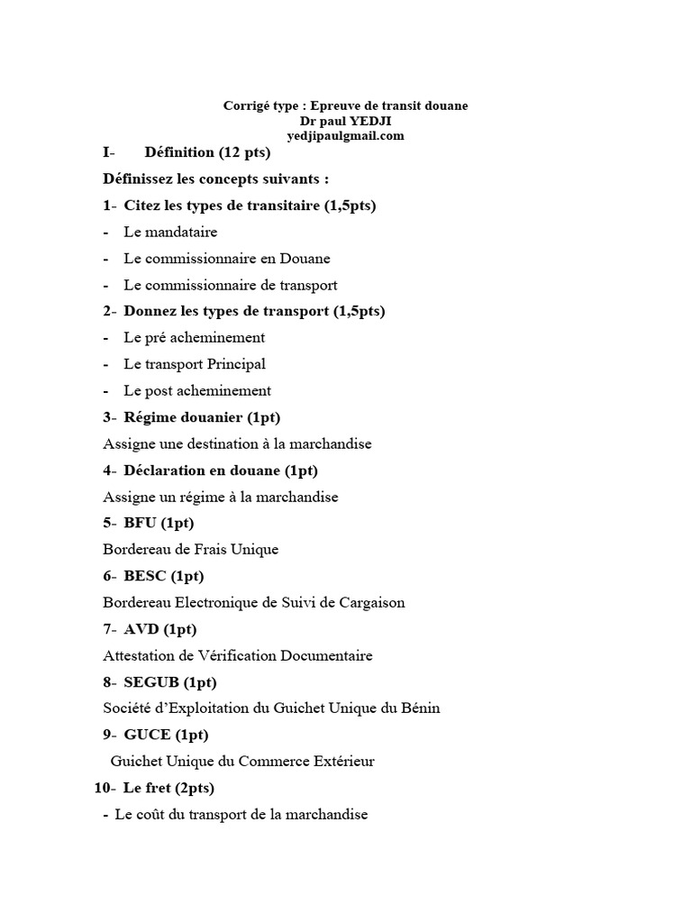 Corrigé d'épreuve de transit douane | PDF