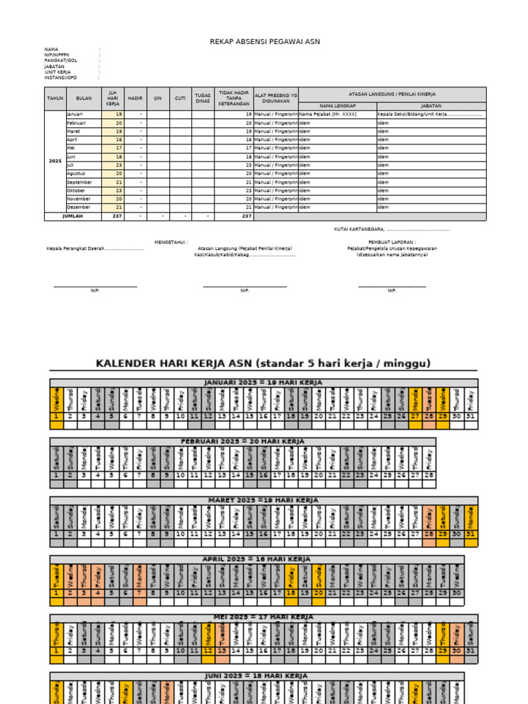 Form Rekap Absensi Perseorangan Pasn 2025 | PDF
