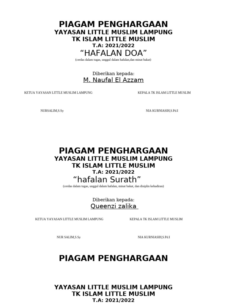 Piagam Penghargaan | PDF