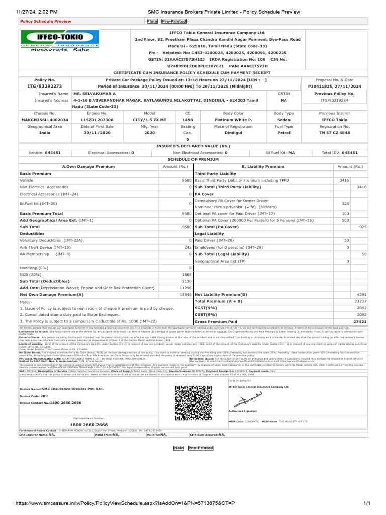 IFFCO Tokio Car Insurance Policy Schedule | PDF | Insurance | Vehicles