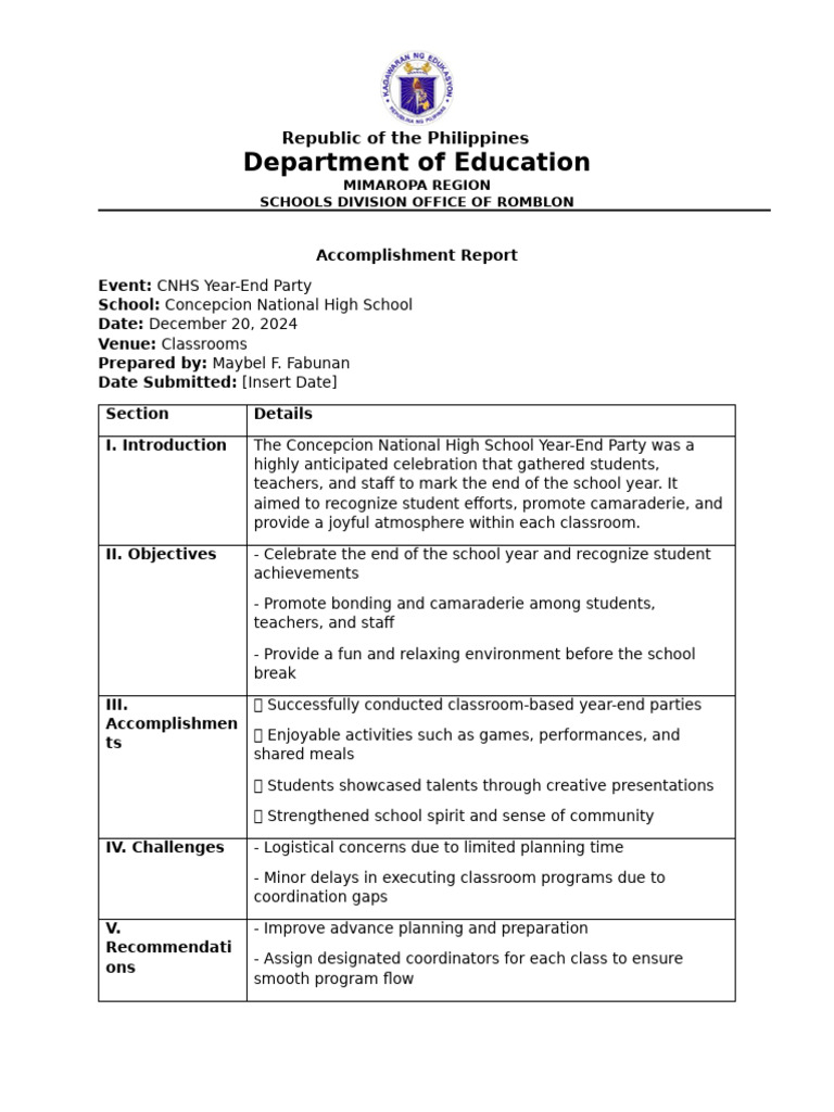 CNHS Year-End Party Accomplishment Report | PDF