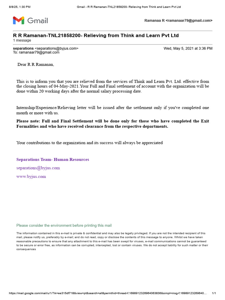 Gmail - R R Ramanan-TNL21858200 - Relieving From Think and Learn PVT ...