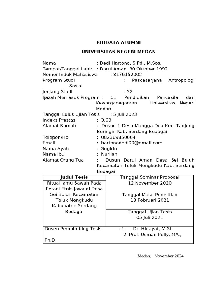 Biodata Alumni Dedi Hartono, S.Pd., M.Sos. | PDF
