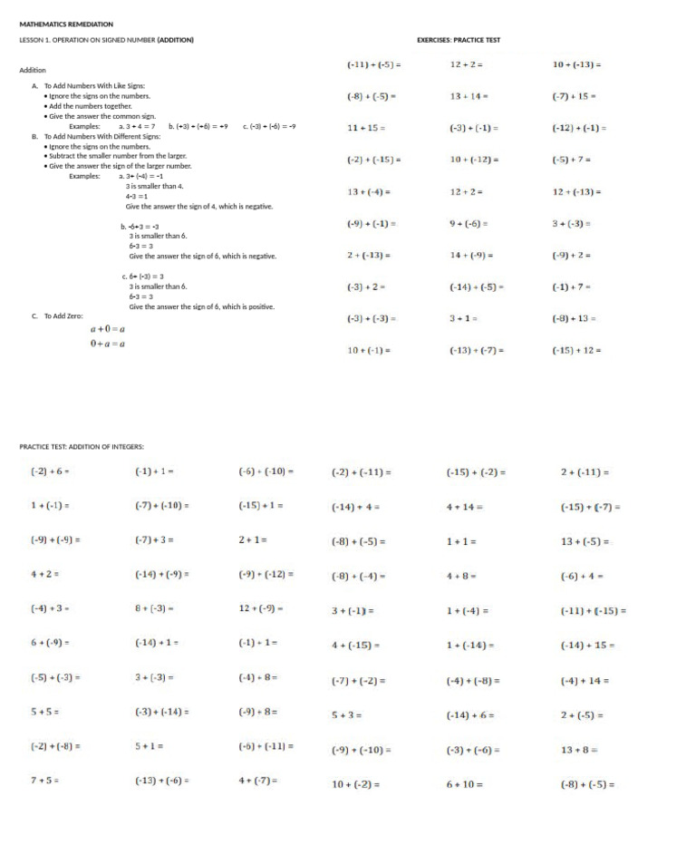 Lesson 1 Addition of Signed Numbers | PDF