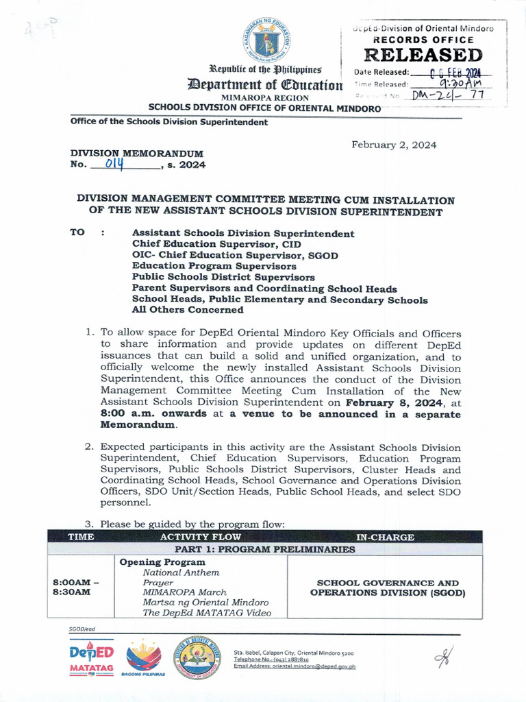DM014 Division Management Committee Meeting Cum Installation of The New ...