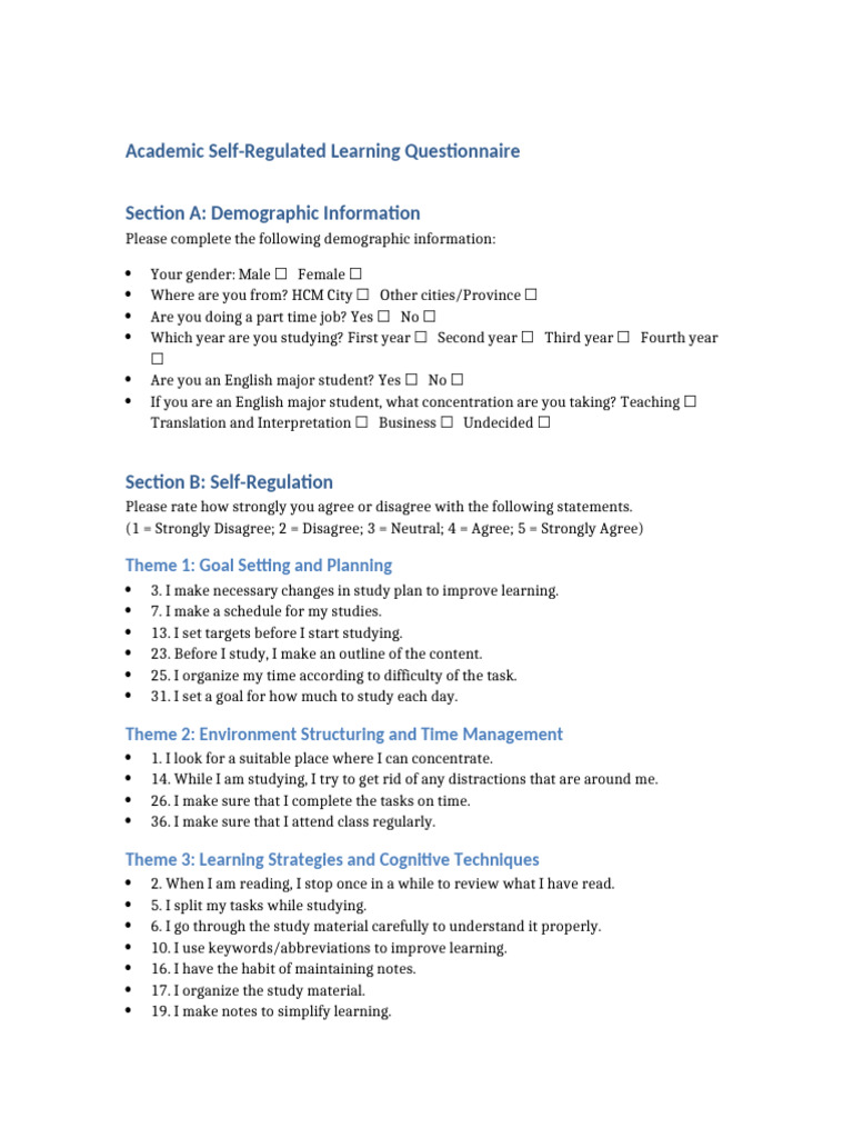 Academic Self Regulated Learning Questionnaire | PDF | Cognitive Psychology | Cognition
