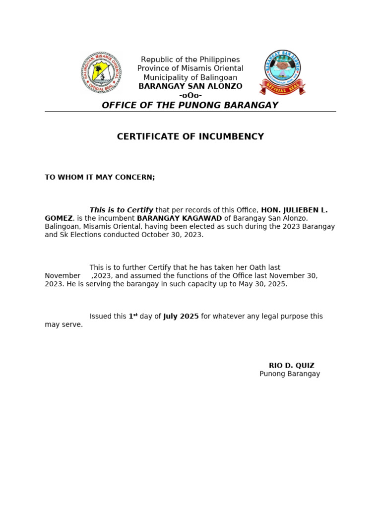 Certificate Off Incumbency | PDF