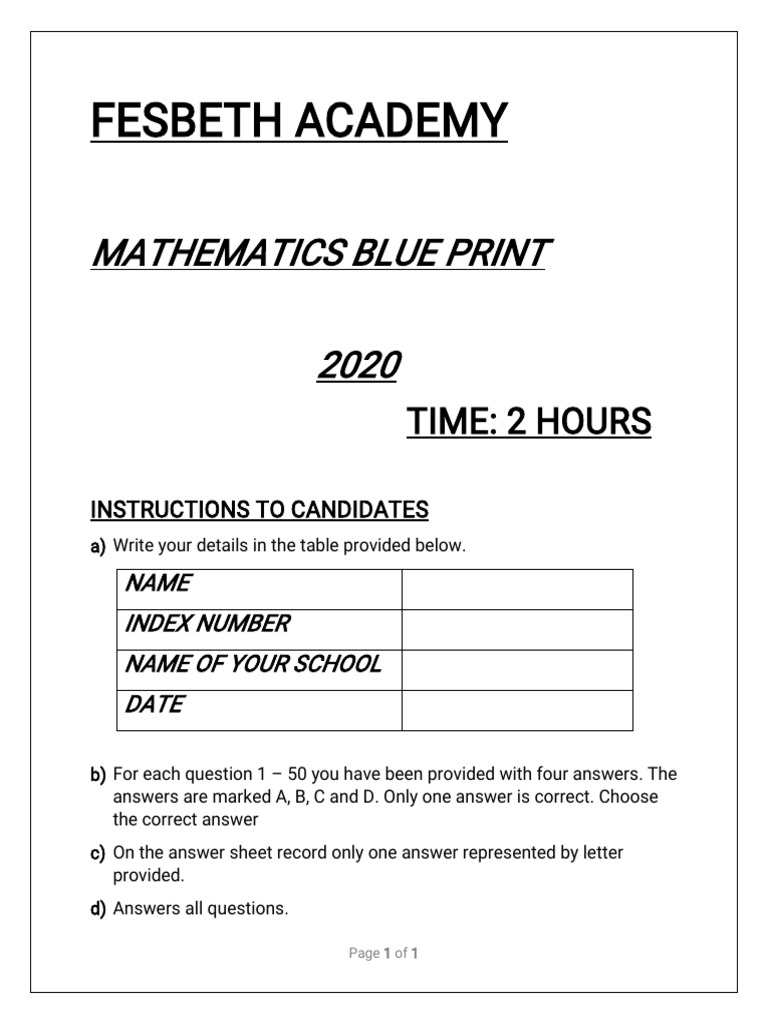 Fesbeth Maths Blueprint 20201 | PDF