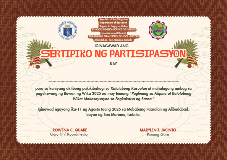 Buwan NG Wika Sertipiko NG Pagkilala Certificate in Warm Earth Tones ...