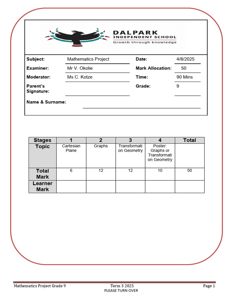 Grade 9 Mathematics Project Term 3 2025 | PDF | Cartesian Coordinate ...
