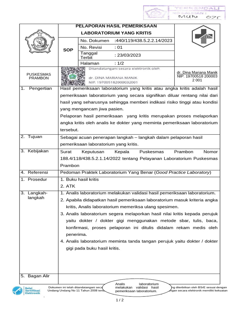 Pelaporan Hasil Pemeriksaan Laboratorium Yang Kritis 2023 | PDF