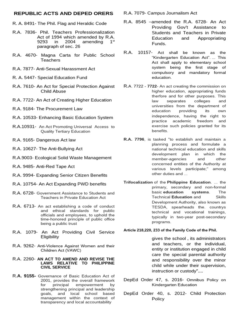 Republic Acts and DepEd Orders Overview | PDF | Vocational Education ...