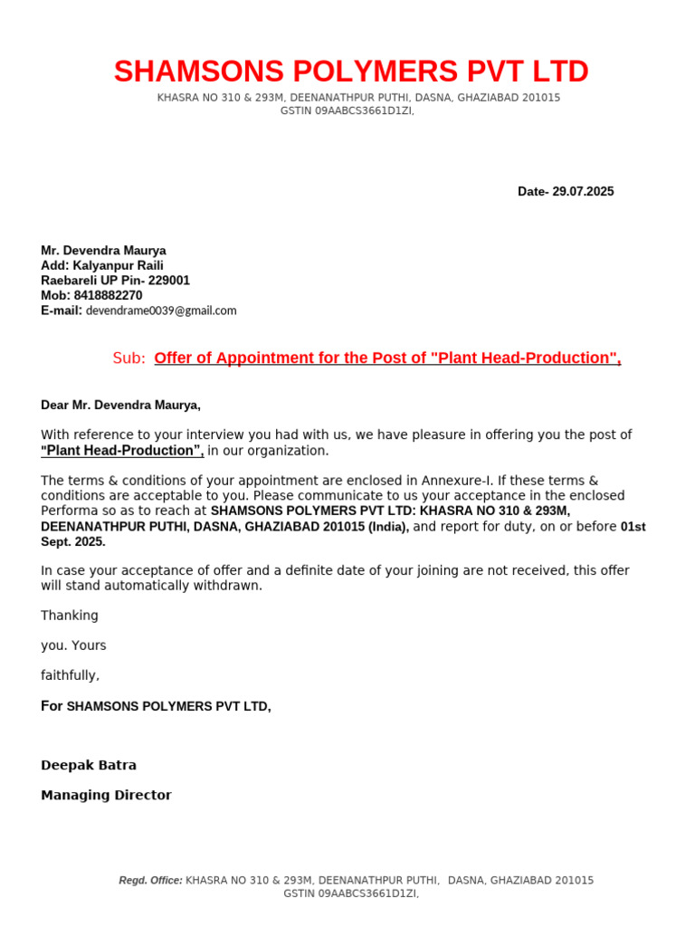 Appointment Letter Devendra Shamson | PDF | Employment Compensation | Employee Relations