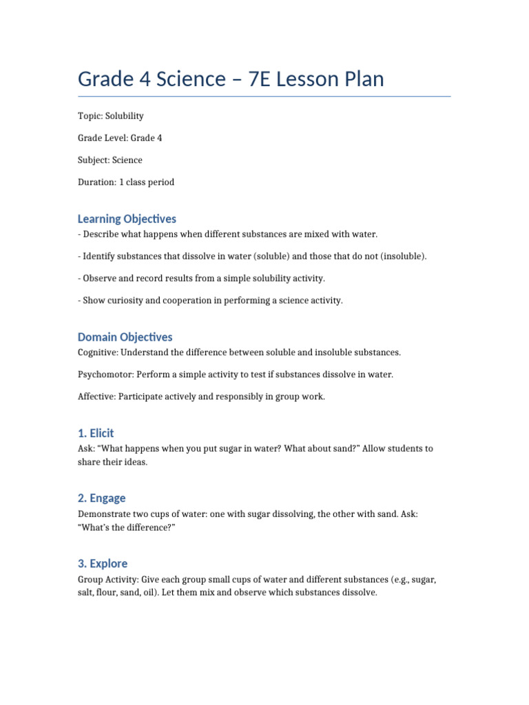Grade 4 Solubility Science Lesson Plan | PDF