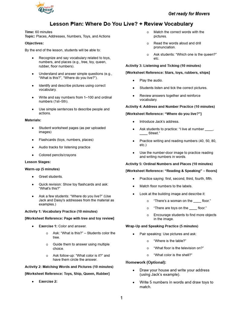 Movers Lesson Plan: Vocabulary & Actions | PDF | Vocabulary | Adverb