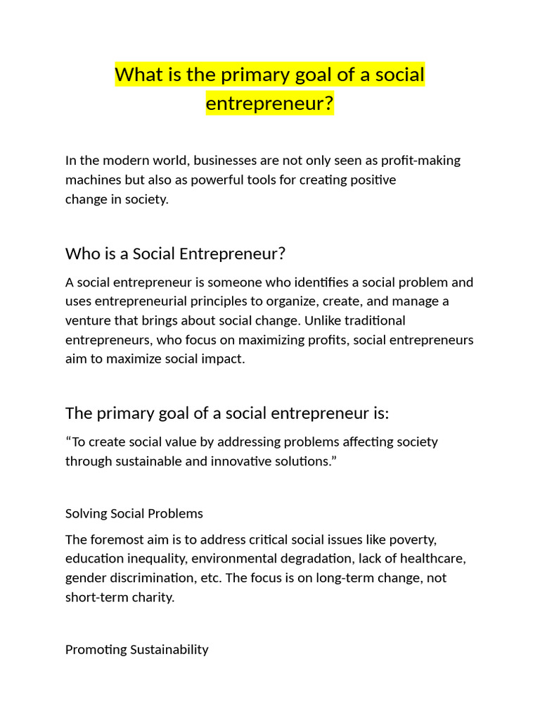 Primary Goal of Social Entrepreneurship | PDF