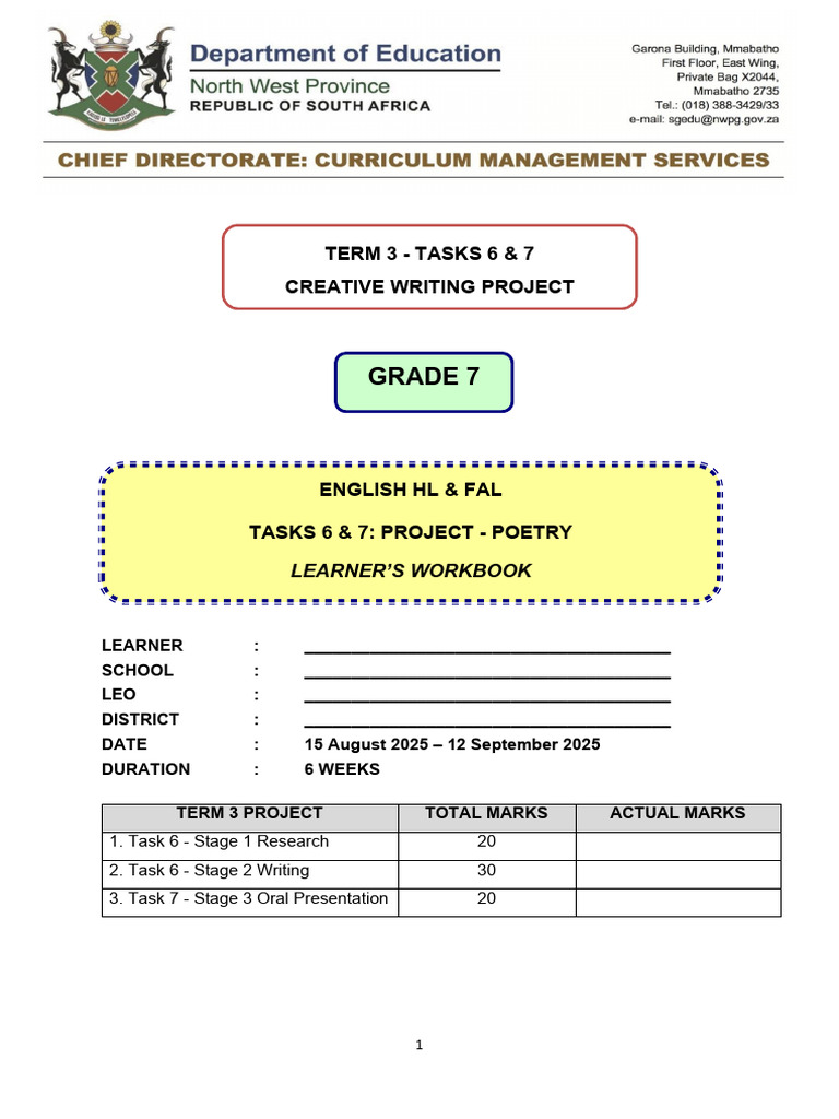Eng FAL Grade 7 Tasks 6 & 7 Project 2025 Final | PDF | Poetry | Body Language