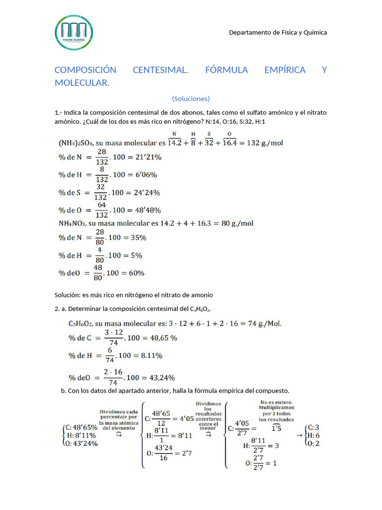 COMPOSICIÓN CENTESIMAL - FORMULA EMPIRICA Y MOLECULAR - Soluciones | PDF