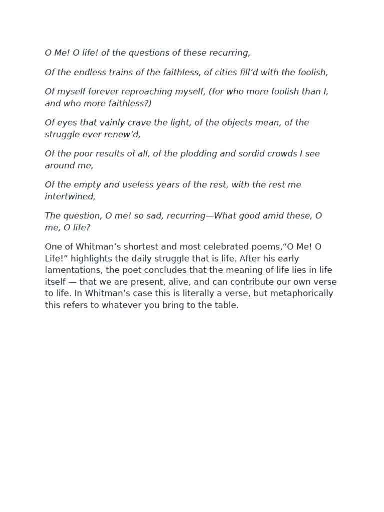 O Me! O Life!, by Walt Whitman | PDF