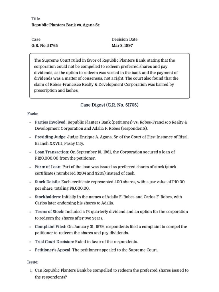 Ruling on Republic Planters Bank Case | PDF | Preferred Stock | Share ...