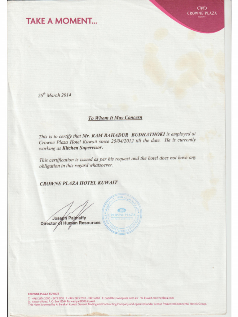Crowne Plaza Kuwait Certificate | PDF