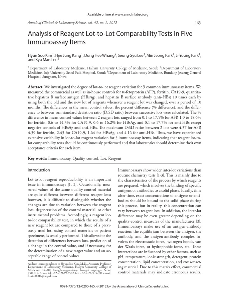 2012 - Analysis of Reagent Lot-To-Lot Comparability Tests in Five ...