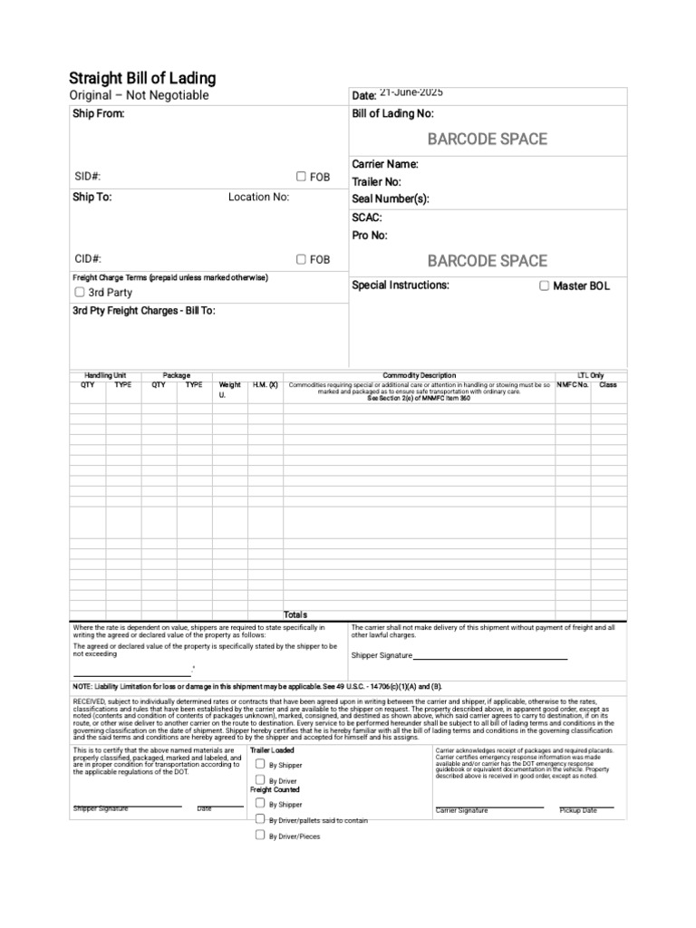 Straight Bill of Lading Template | PDF | Cargo | Bill Of Lading