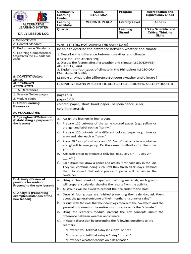 LP LS2 Module 3 Lesson 1 | PDF | Learning | Climate
