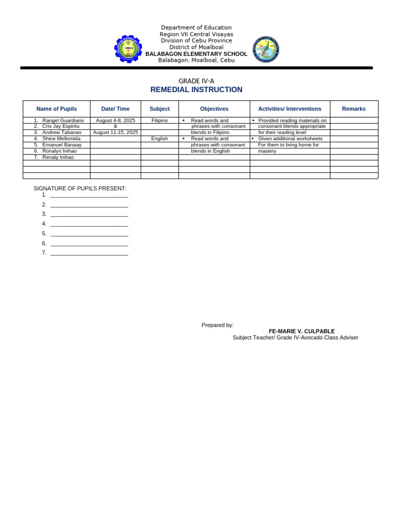 Remedial Instruction Sy2024-2025 | PDF
