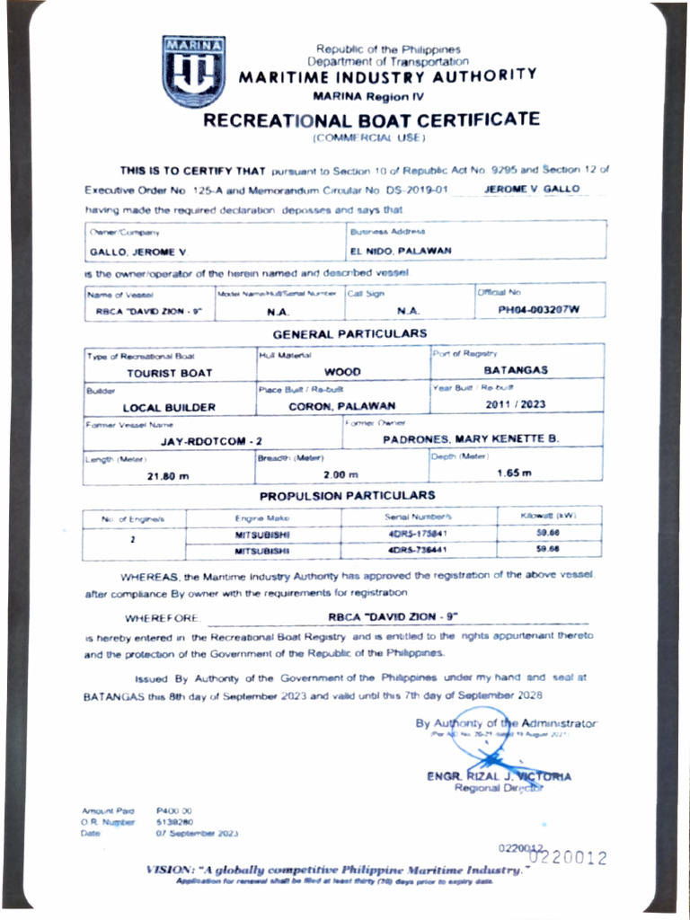 RBCA "David Zion-9" Registration Certificate | PDF | Freight Transport ...