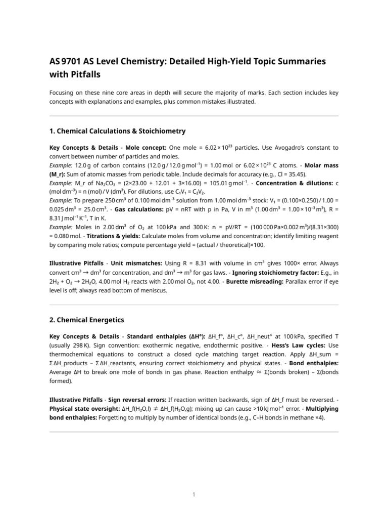 AS 9701 Chemistry High-Yield Summaries | PDF | Reaction Rate | Mole (Unit)
