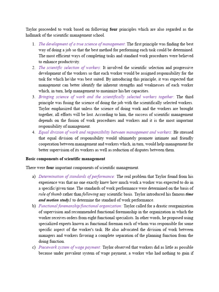 Taylor's Four Principles of Management | PDF | Piece Work | Labor