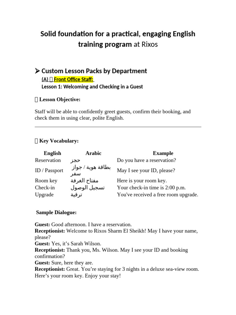 English Training for Front Office Staff | PDF