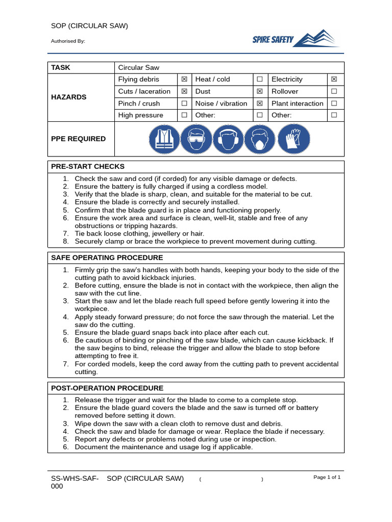 SS WHS SAF 000 Safe Operating Procedure Circular Saw | PDF