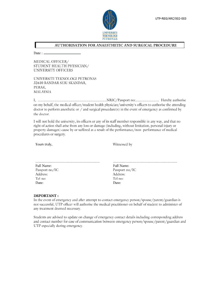 Anaesthetic and Surgical Procedure Form | PDF