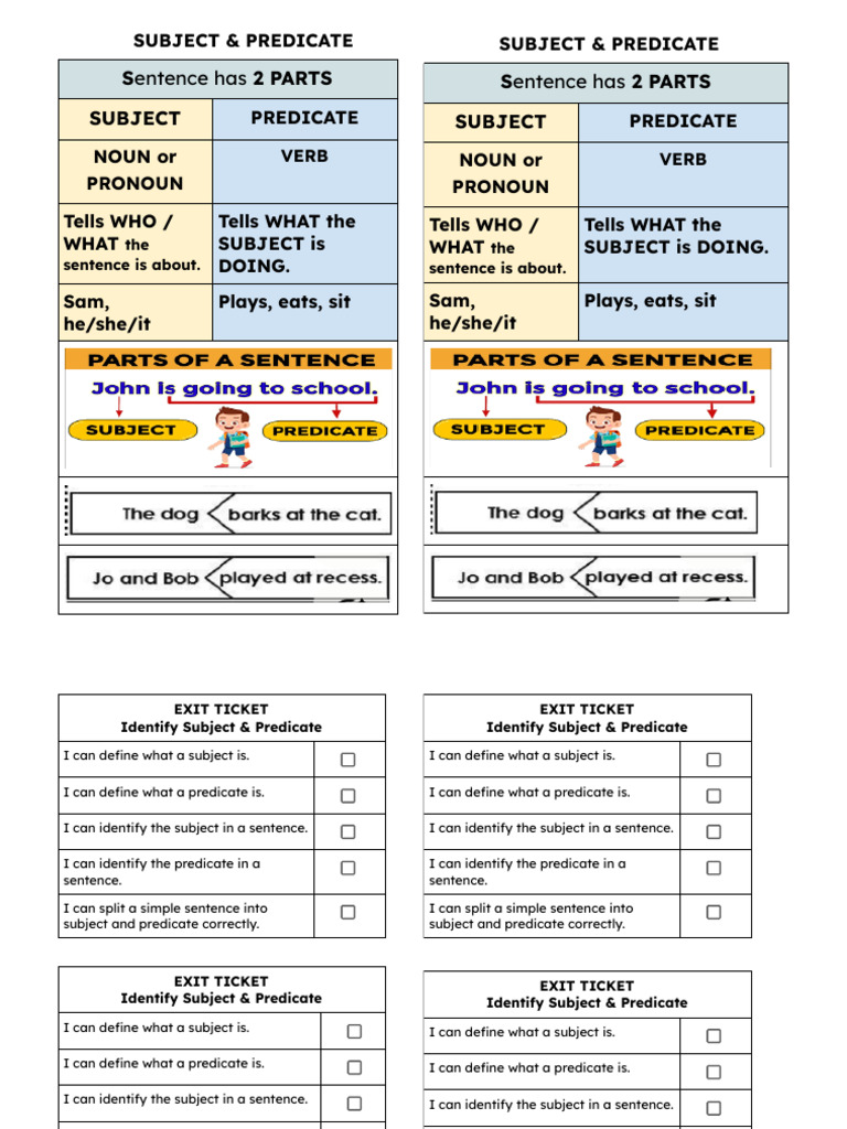 SUBJECT and PREDICATE Anchor Chart & Exit Ticket | PDF