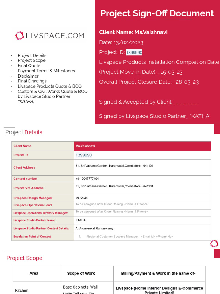 Livspace Project Sign-Off for Ms. Vaishnavi | PDF
