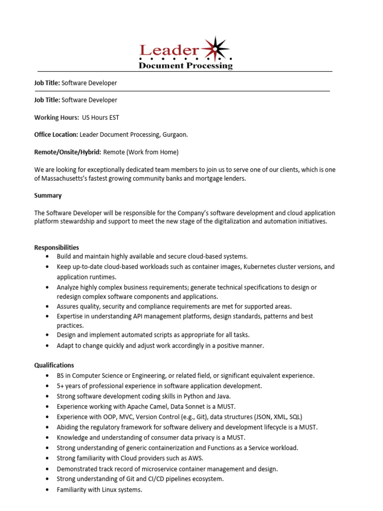 Job Description Software Developer | PDF | Cloud Computing | Software Development