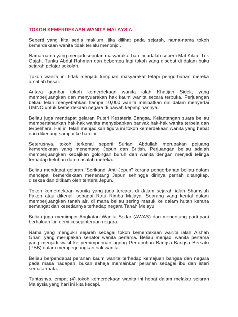 Tokoh Kemerdekaan Wanita Malaysia | PDF