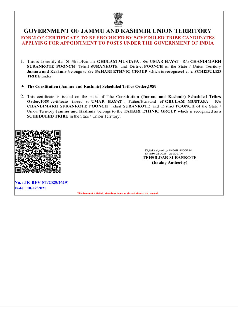 Scheduled Tribe Certificate | PDF