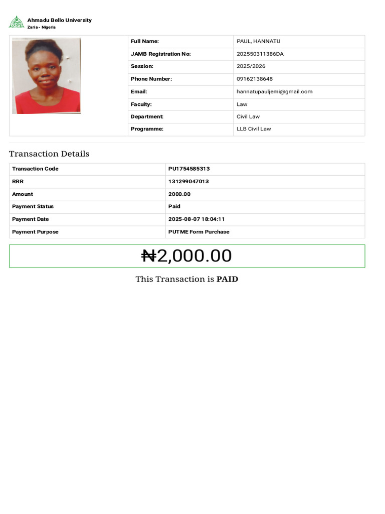 Hannatu Transaction SlipAhmadu Bello University - Portal | PDF