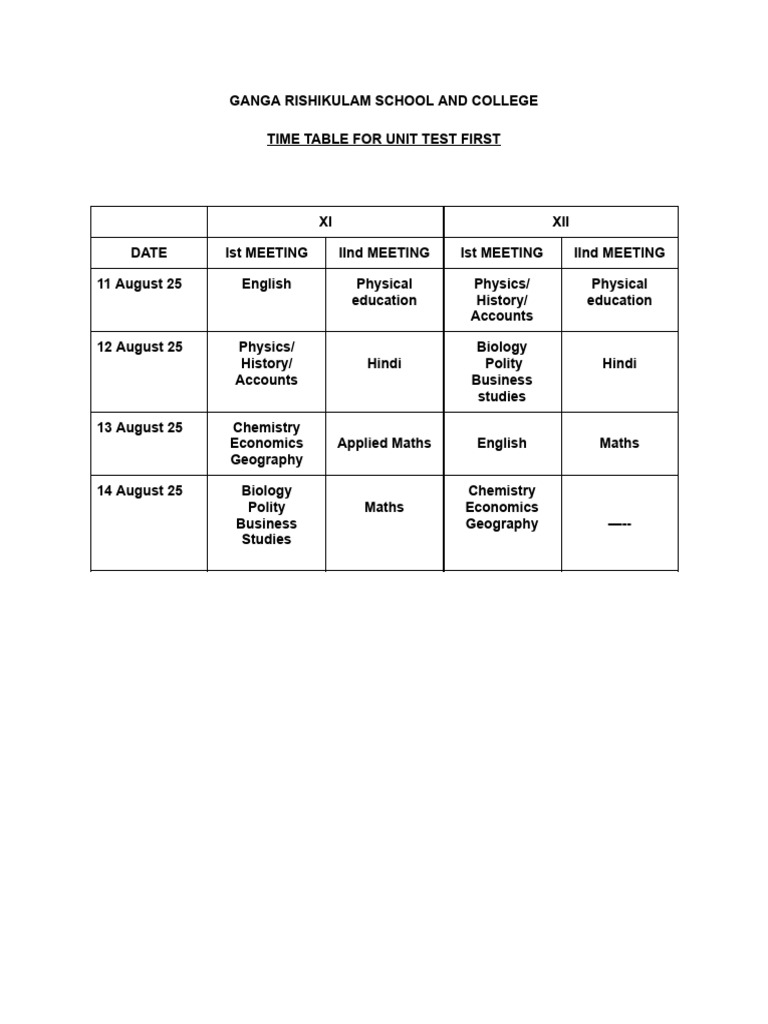 Ganga Rishikulam School Unit Test Timetable | PDF