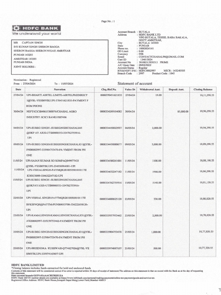 HDFC Bank Account Statement Summary | PDF