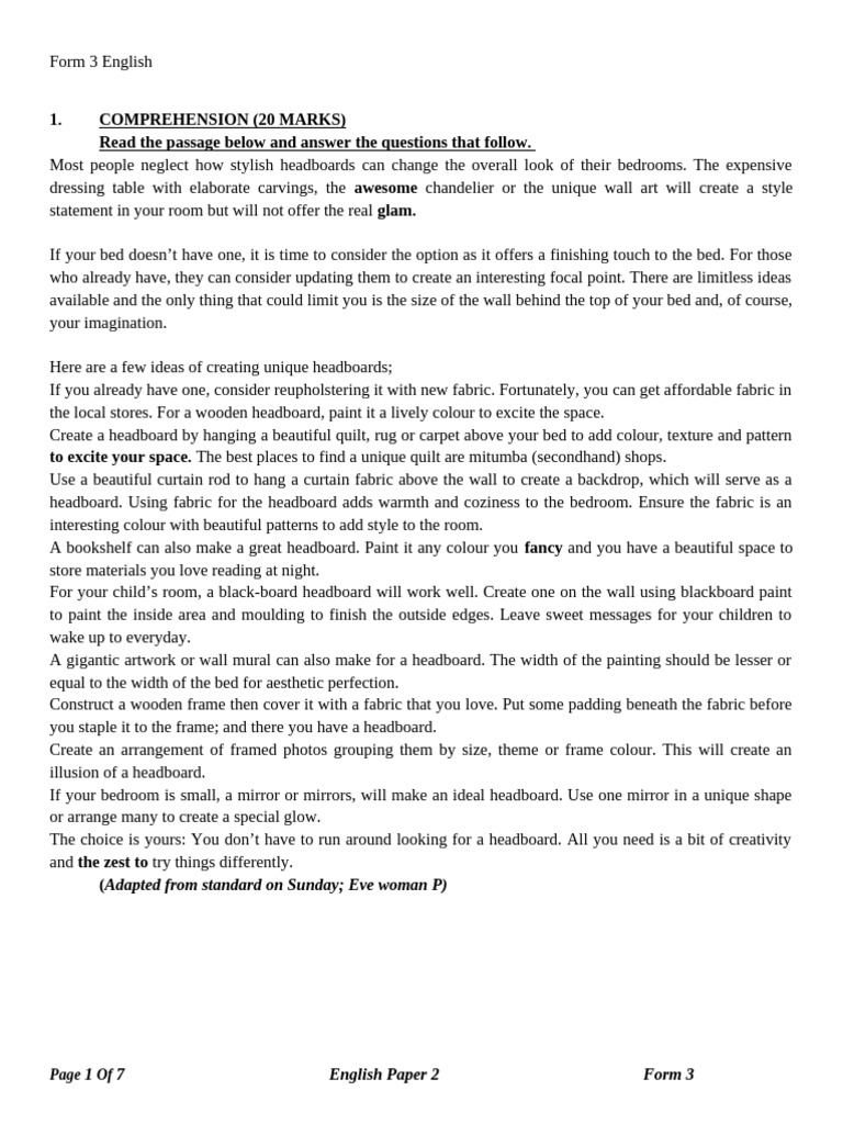 Form 3 English Paper 2 Guide | PDF | Bed