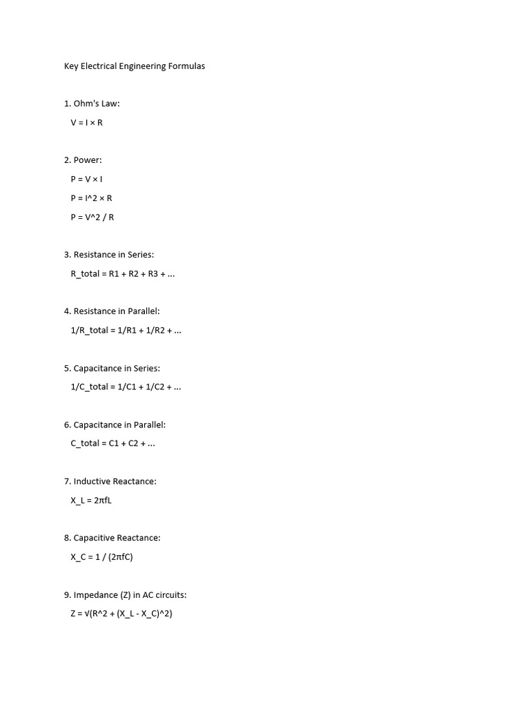 Key Electrical Engineering Formulas | PDF