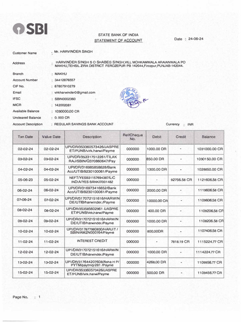 Bank Statement Harwinder | PDF | Accounting | Corporate Jargon
