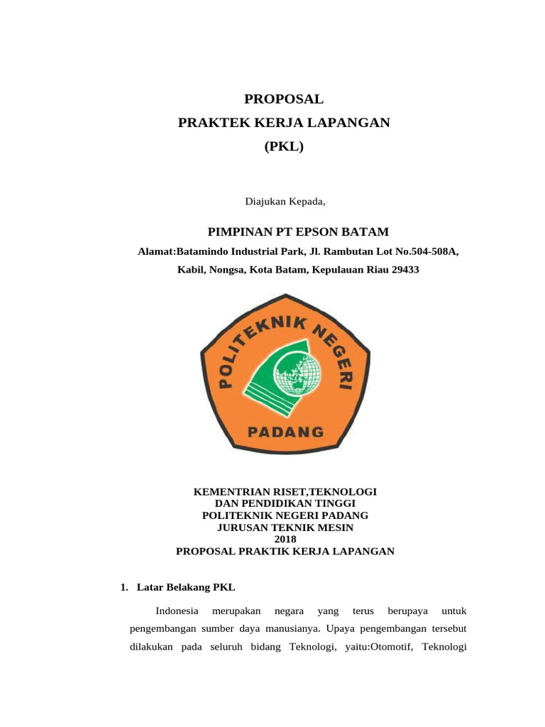 Proposal Praktek Kerja Lapangan PT Epson Batam | PDF