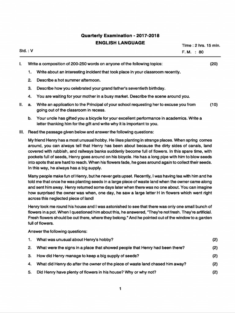 Icse Class 5 Qty English Language 2018 | PDF