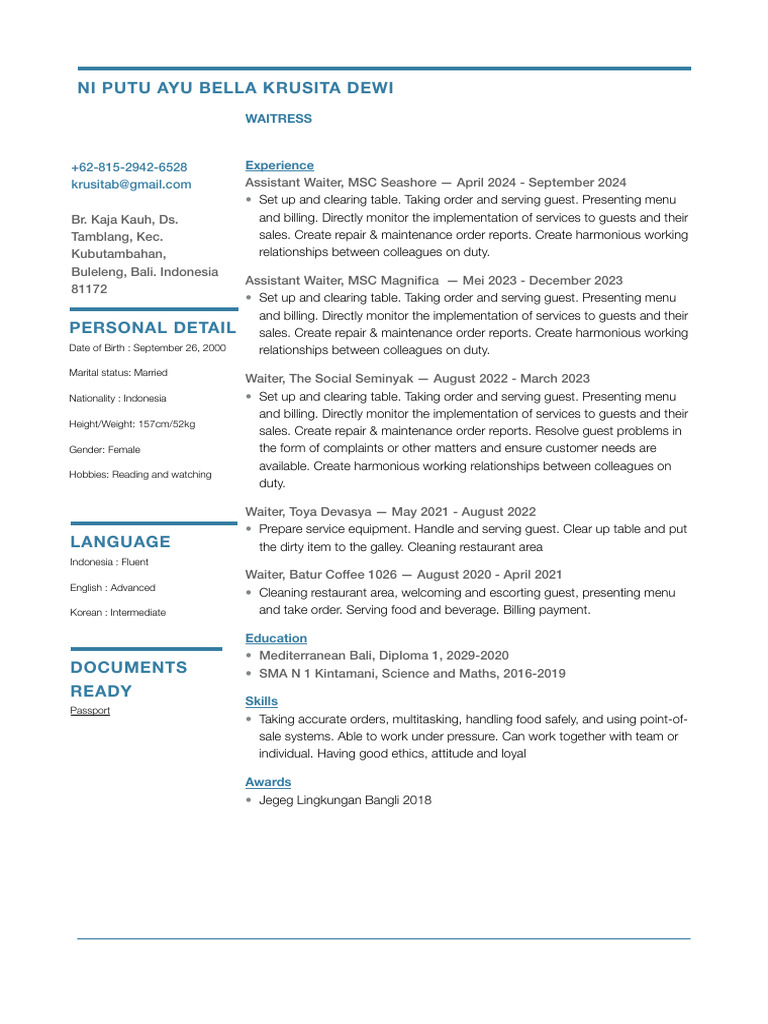 CV Ni Putu Ayu Bella Krusita Dewi | PDF | Waiting Staff | Food Retailing